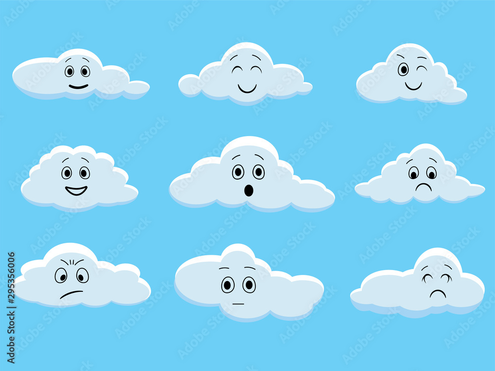Cartoon clouds with faces and emotions isolated on blue background ...