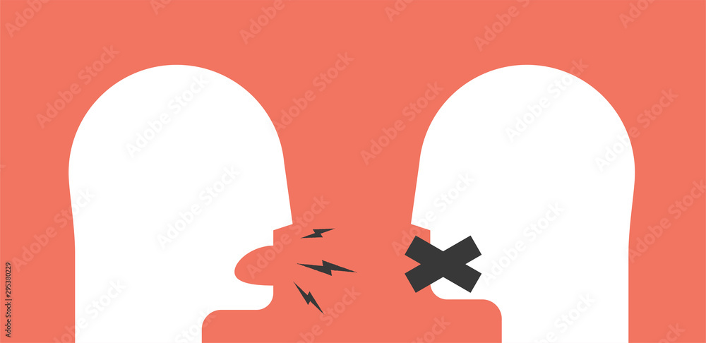 Two white humans heads silhouette on red background. Verbal bullying ...