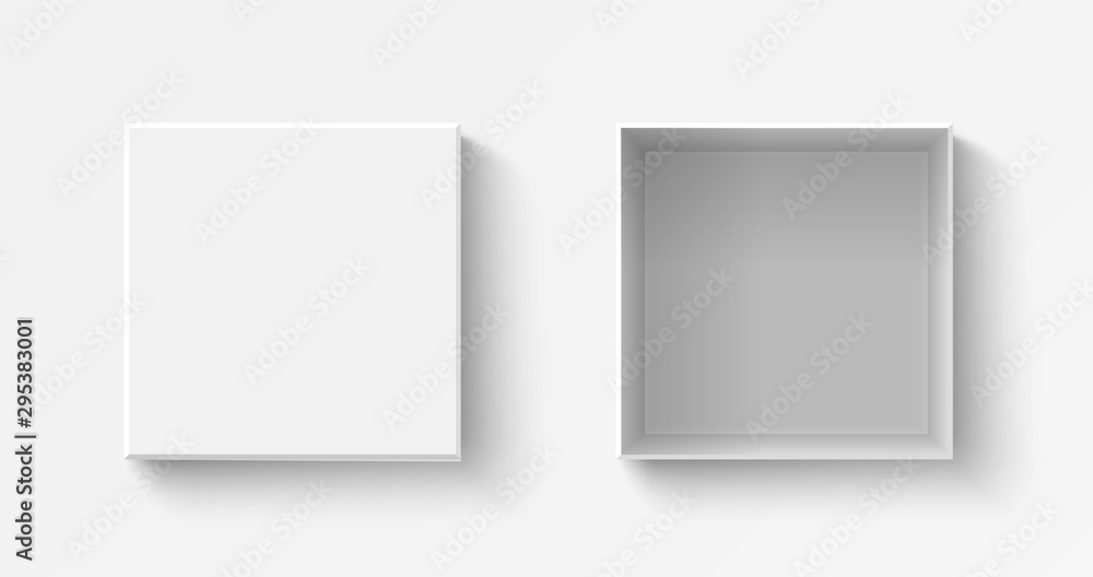 White square box top view. Open and close gift boxes. Container mockup ...