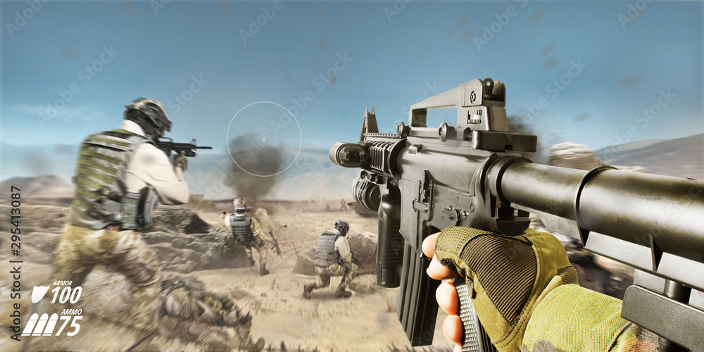 Desert battlefield first person vr rifle view with soldiers and ...