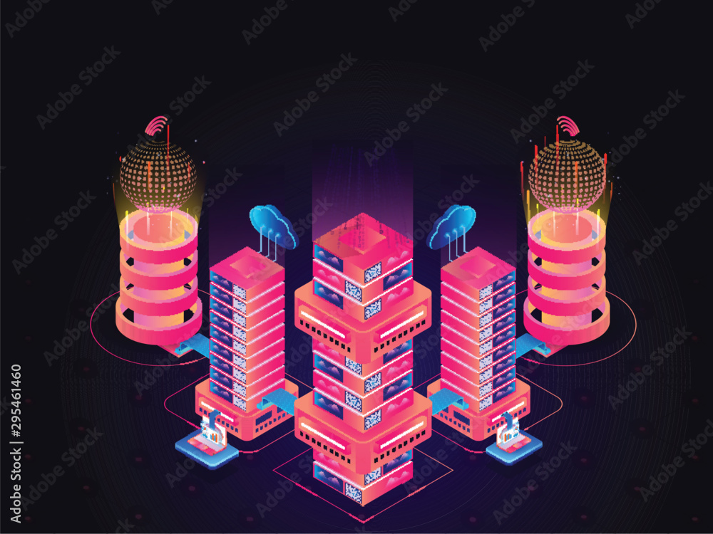 Big data server connected to database and laptops on brown background, isometric design for Data ...