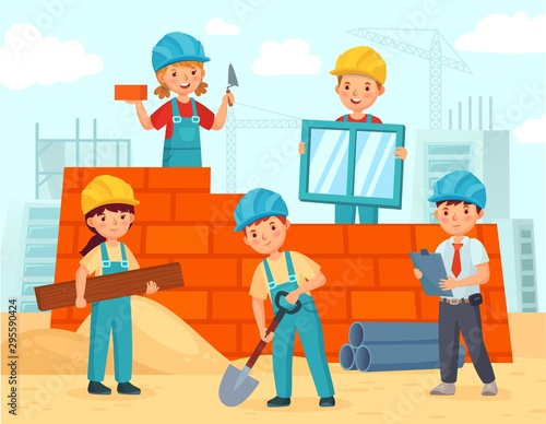 Kids build construction. Little workers in helmets build building from ...