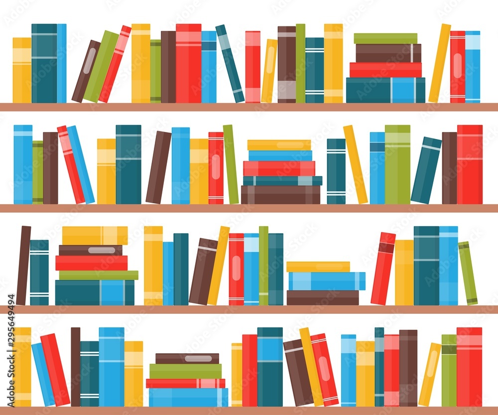 Book shelves with multicolored book spines. Books on a shelf. Vector ...