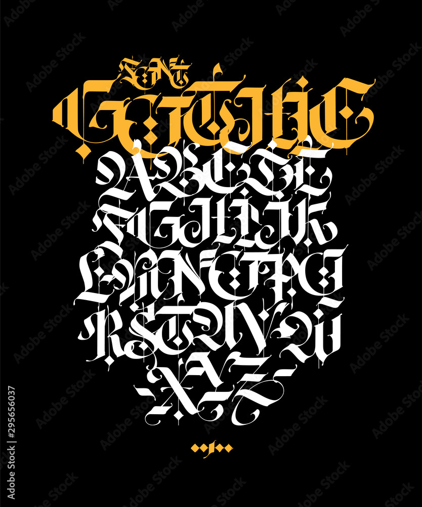 Gothic style alphabet. Letters and symbols on a black background ...