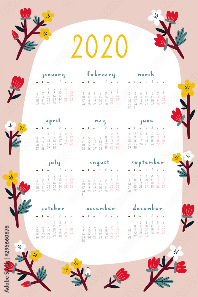 Super cute vector Calendar for 2020 year. Ready to use Calendar ...