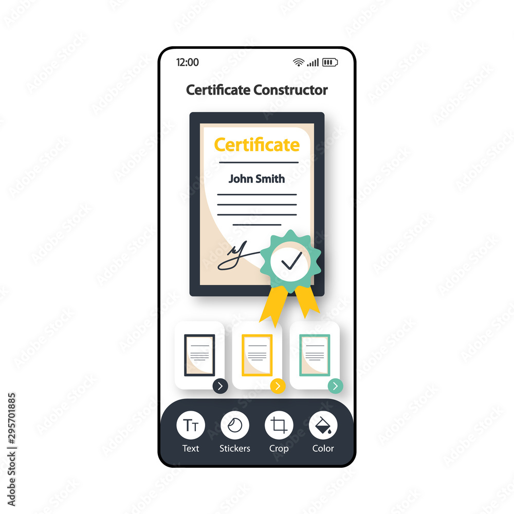 Certificate constructor smartphone interface vector template. Mobile ...