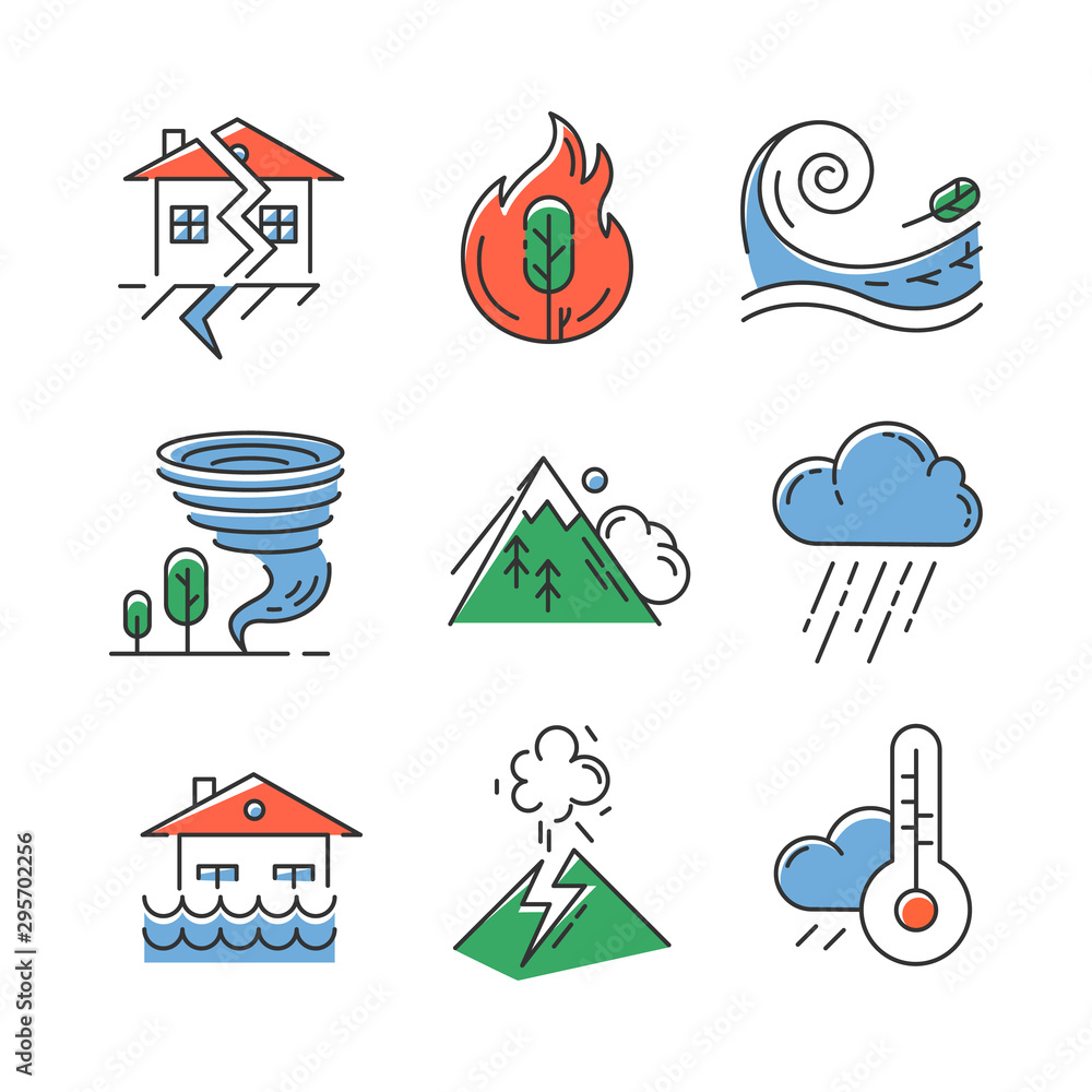Natural disaster color icons set. Geological and atmospheric ...