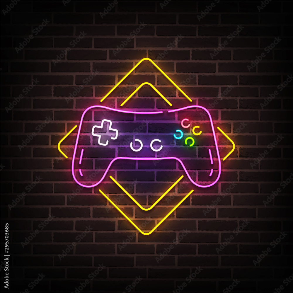 Game zone neon sign, bright signboard, light banner. Game area logo ...