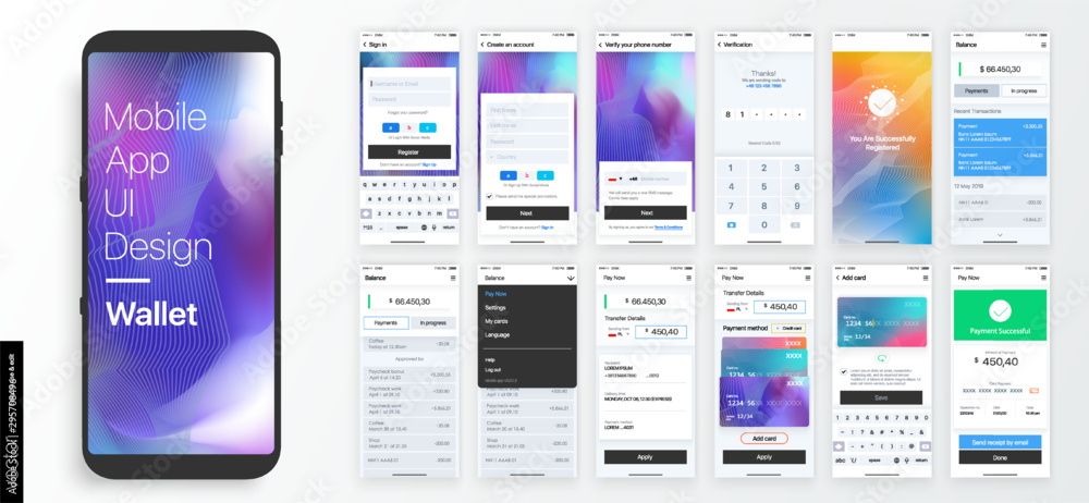 Design of a Mobile Application and Site, UI. Set of GUI Screens with Login and Password input ...