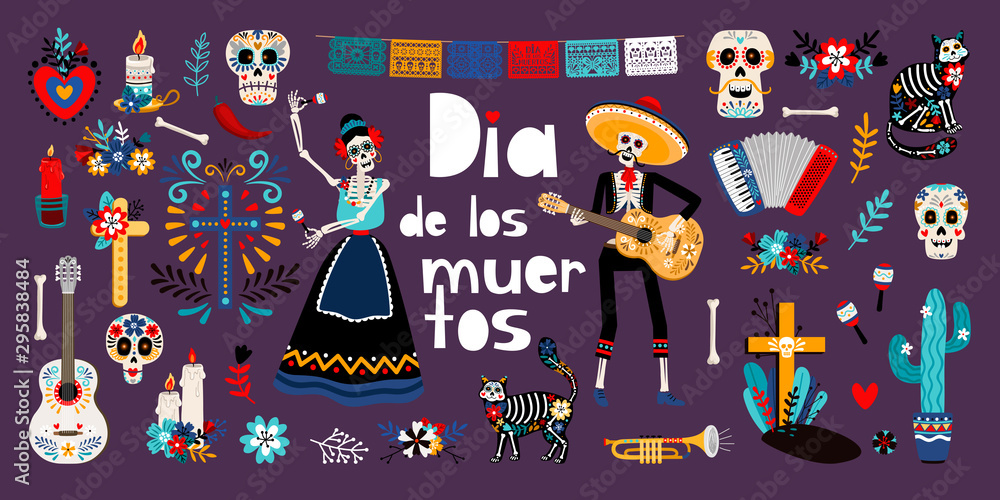 Day of Dead, Dia de los muertos, flat vector illustrations set. Sugar ...