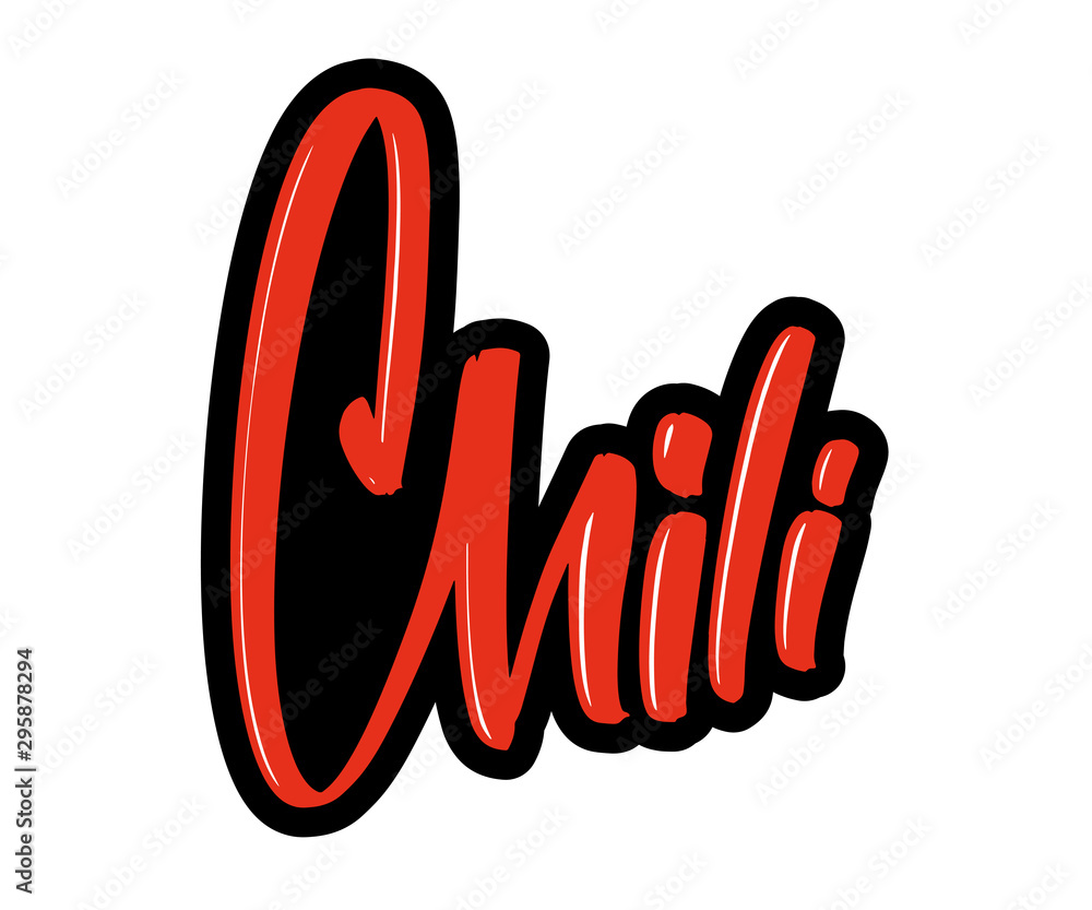 Chili cartoon brush lettering text. Vector illustration logo for print ...
