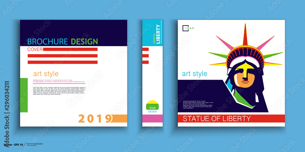 Brochure cover design template. Geometric design, portrait of Statue of ...