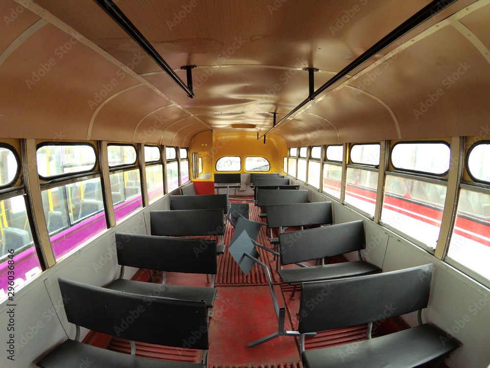 A wide overview of the simple interior of the Soviet retro bus. Stock ...