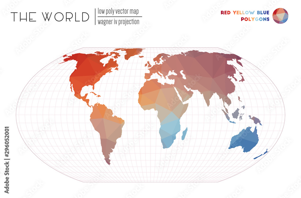 Triangular mesh of the world. Wagner IV projection of the world. Red ...