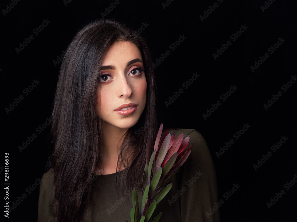 Beautiful young caucasian brunette woman long hair trendy look low key ...