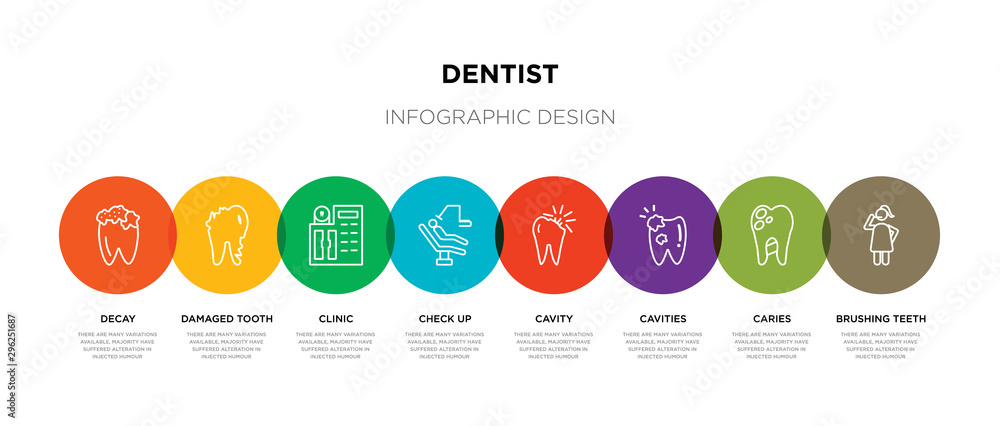 8 colorful dentist outline icons set such as brushing teeth, caries ...