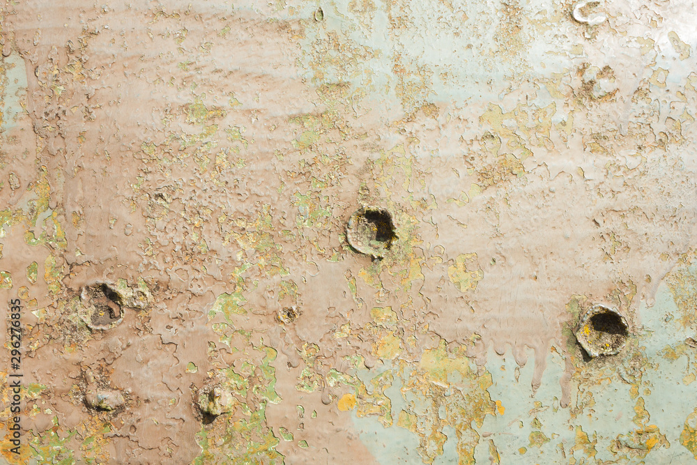 Old military relief texture of the tank green color. The marks of ...