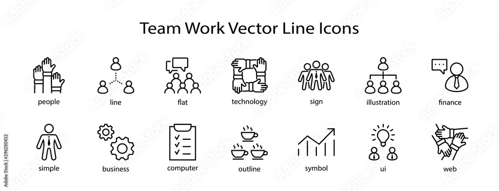 Set of Team Work Related Vector Line Icons. Contains such Icons as Handshake, Check, Idea ...