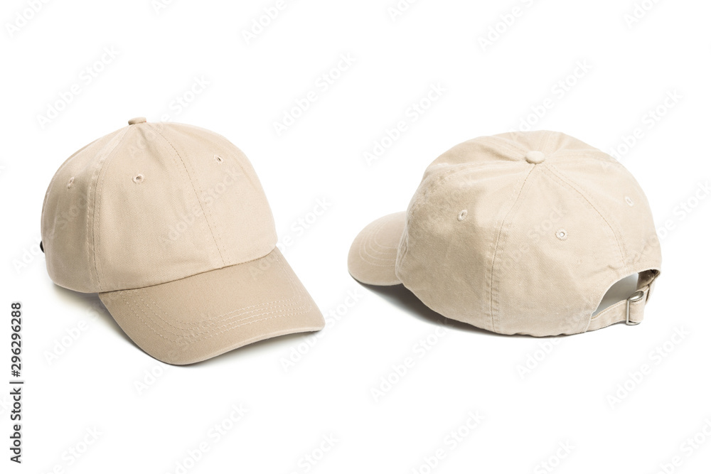 beige Baseball cap isolated on white background. Front and back view ...