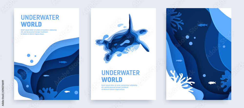 Underwater ocean abstract paper art background set. Paper cut ...