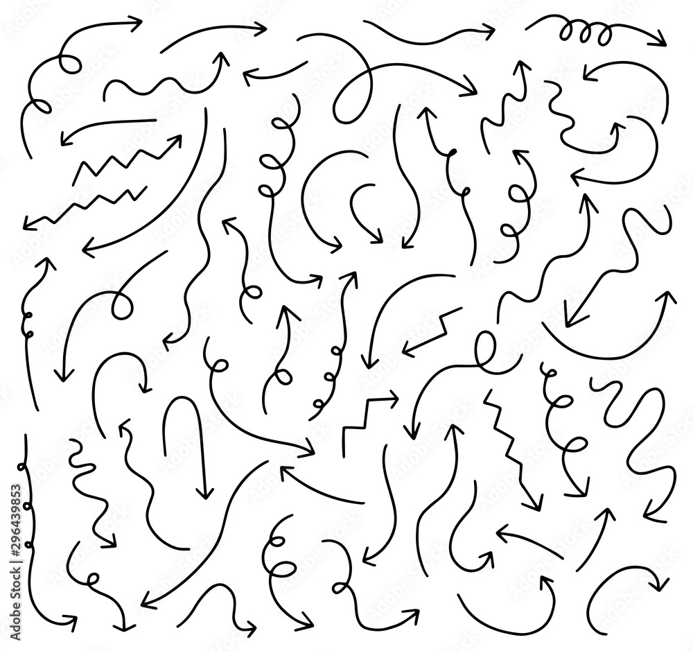 Simple black vector arrow set, hand drawn curvy doodle graphic design ...