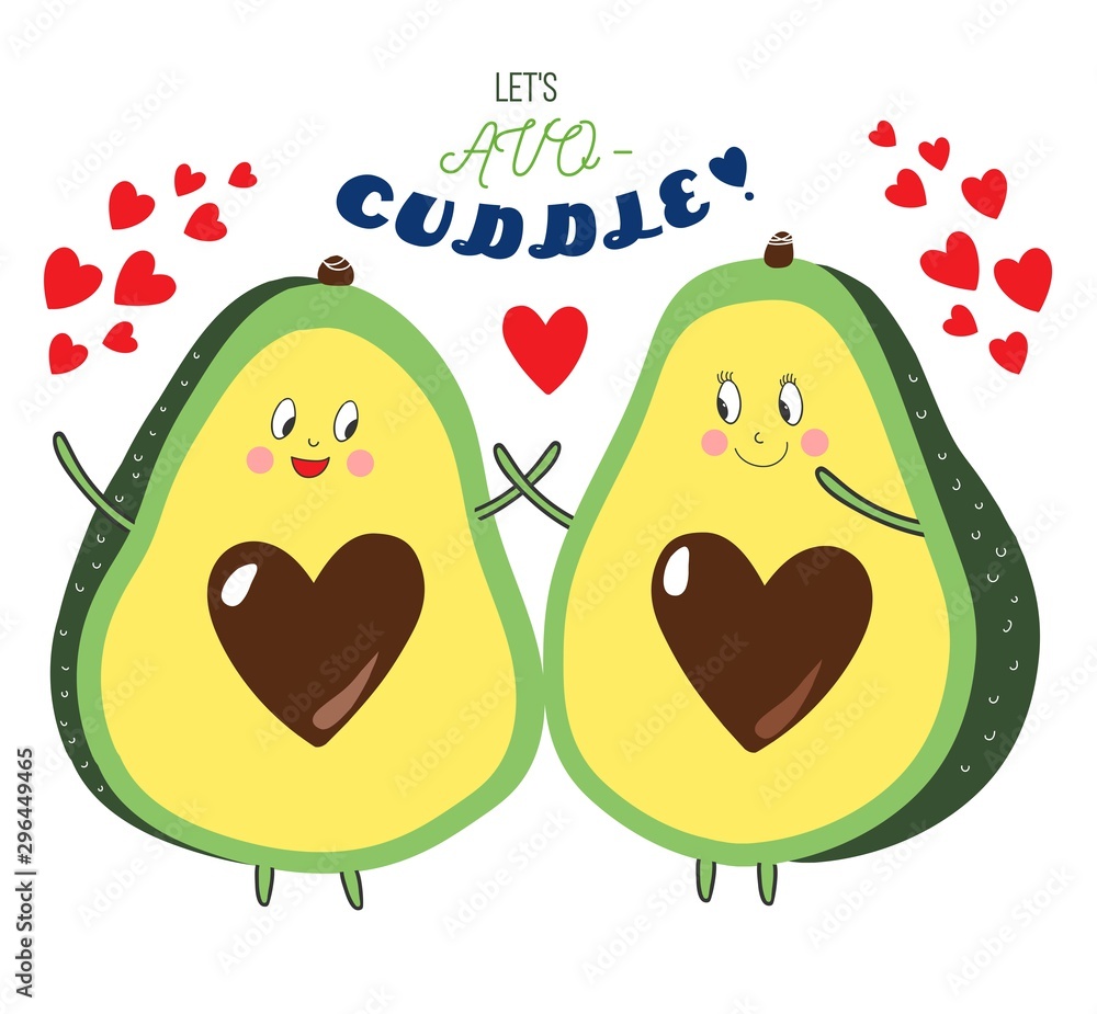 Avocuddle cute placement print vector illustration with two happy ...