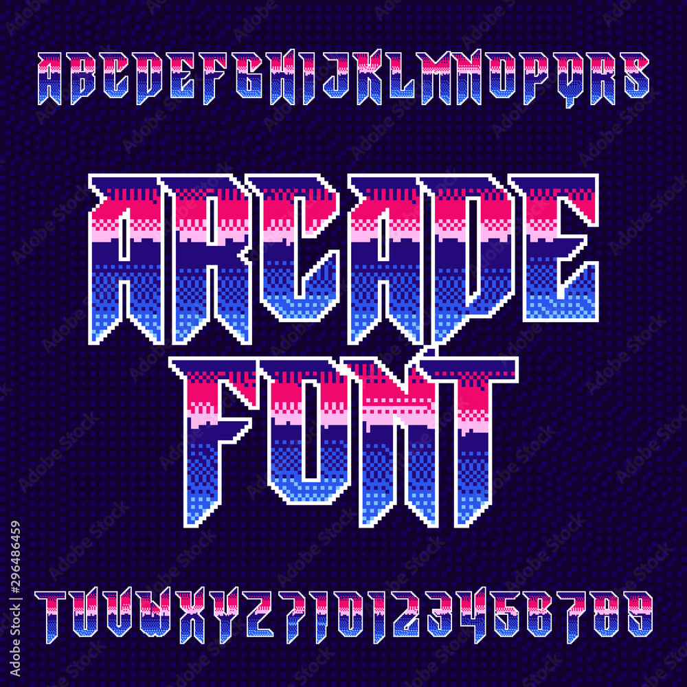 Arcade alphabet font. Pixel letters and numbers in heavy metal style. 80s retro video game ...