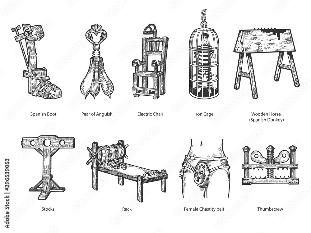 Medieval torture device set sketch engraving vector illustration. T ...