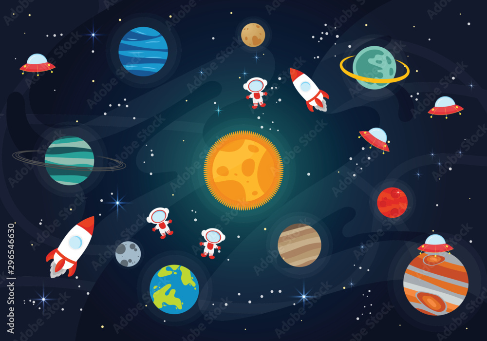 Vector Illustration Of Space. Space flat vector background with rocket ...