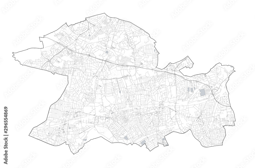 Satellite view of the London boroughs, map and streets of Ealing ...