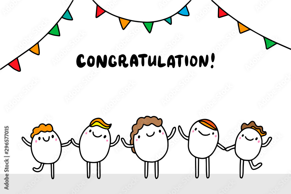 Congratulations hand drawn vector illustration with happy cartoon comic ...