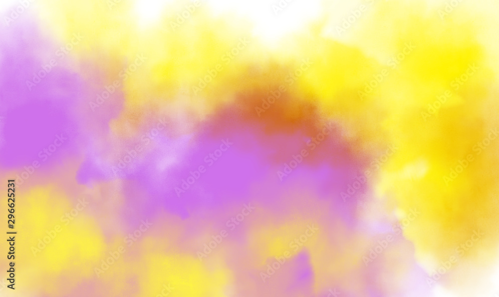 Abstract watercolor painting with yellow, purple, orange and brown ...