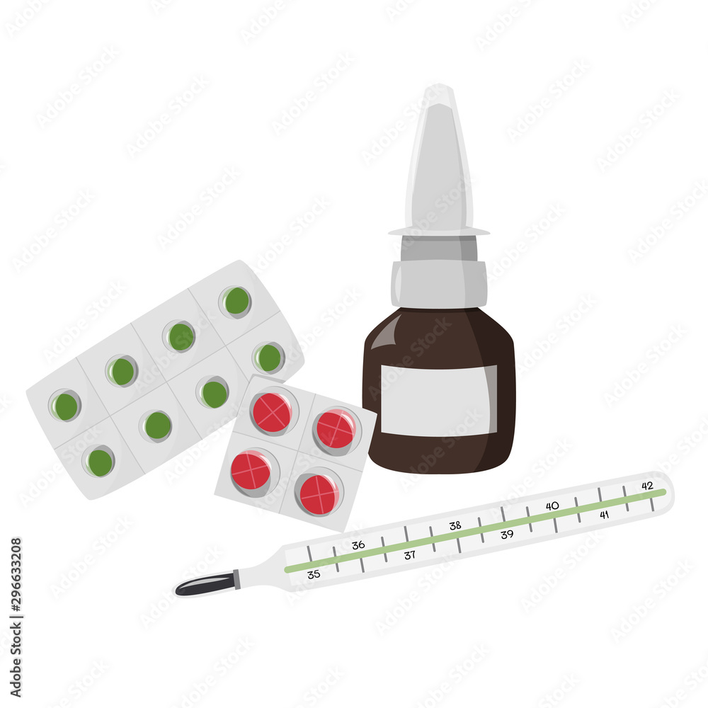 Medicine syrup, nasal spray, pills, capsules, drugs. Vector ...