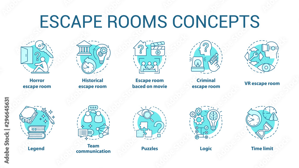 Escape room concept icons set. Quest types idea thin line illustration ...