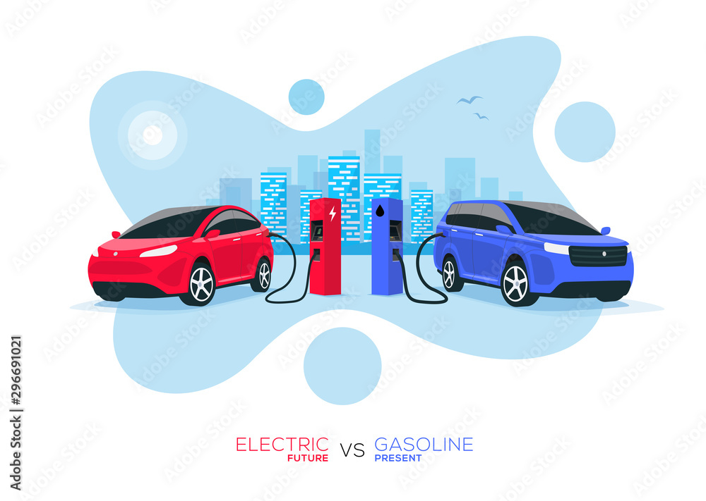 Comparing electric versus gasoline diesel car. Electric car charging at ...