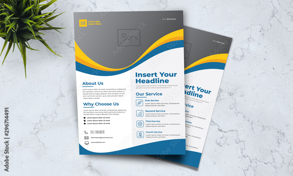 A4 business template flayer vol 26 with orange, blue, white and grey ...