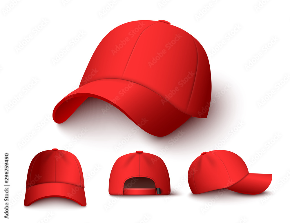 Bright red baseball cap mock up set from different angles Stock Vector ...