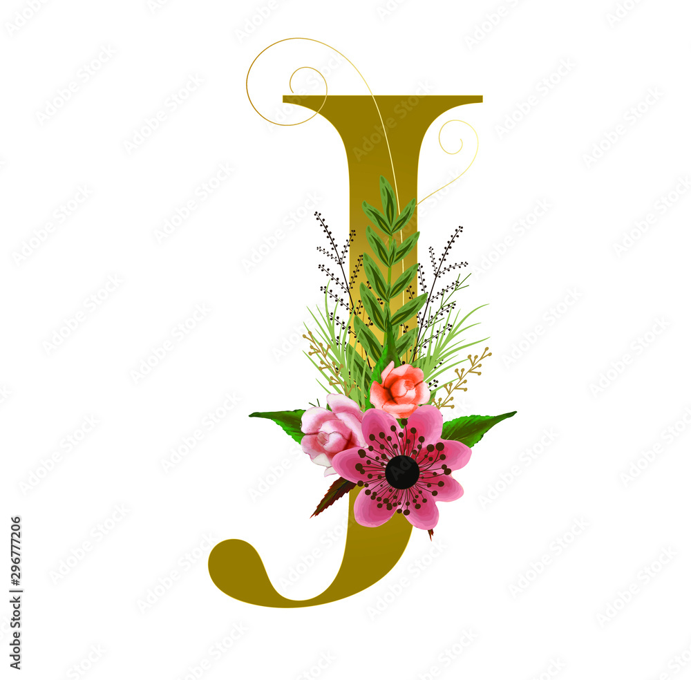 Gold Alphabet floral - Letter J with watercolor flowers and leaves hand ...