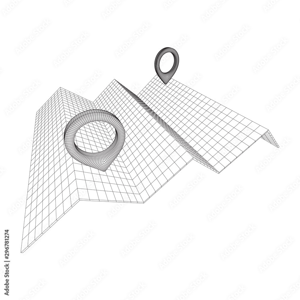 Geo map pin with folding map. Place symbol GPS pictogram. Wireframe low ...