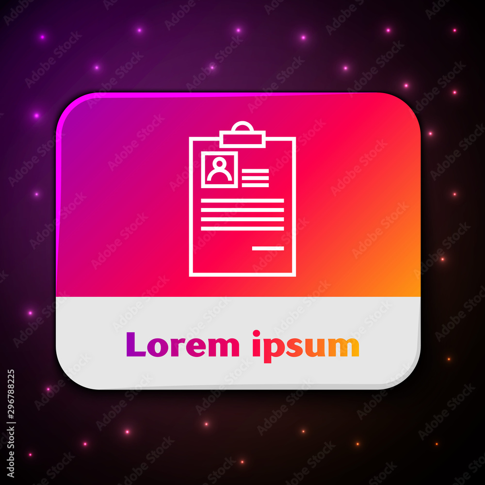 White line Clipboard with resume icon isolated on black background. CV ...