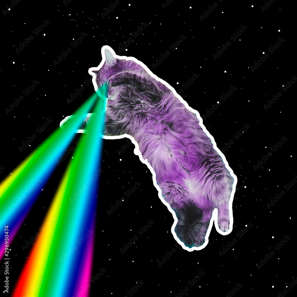 Pink monster cat flies in deep space and shoots lasers from eyes. Art ...