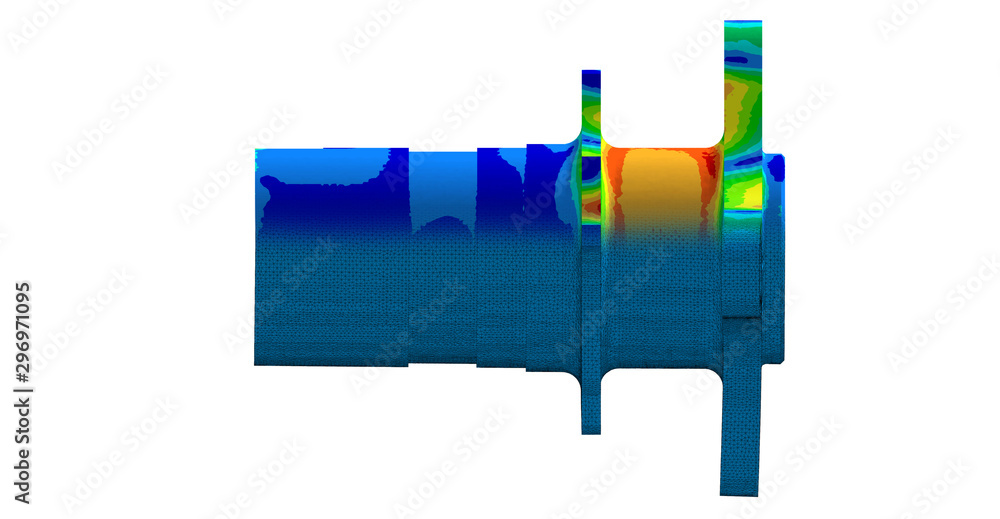 3D Illustration. Von Mises stress plot and CAE mesh blend side view of ...
