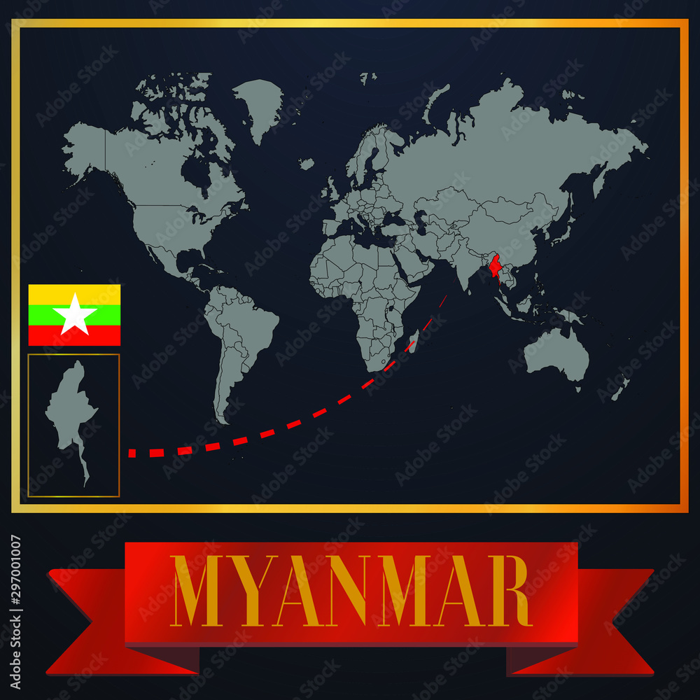 Myanmar solid country outline silhouette, realistic globe world map ...