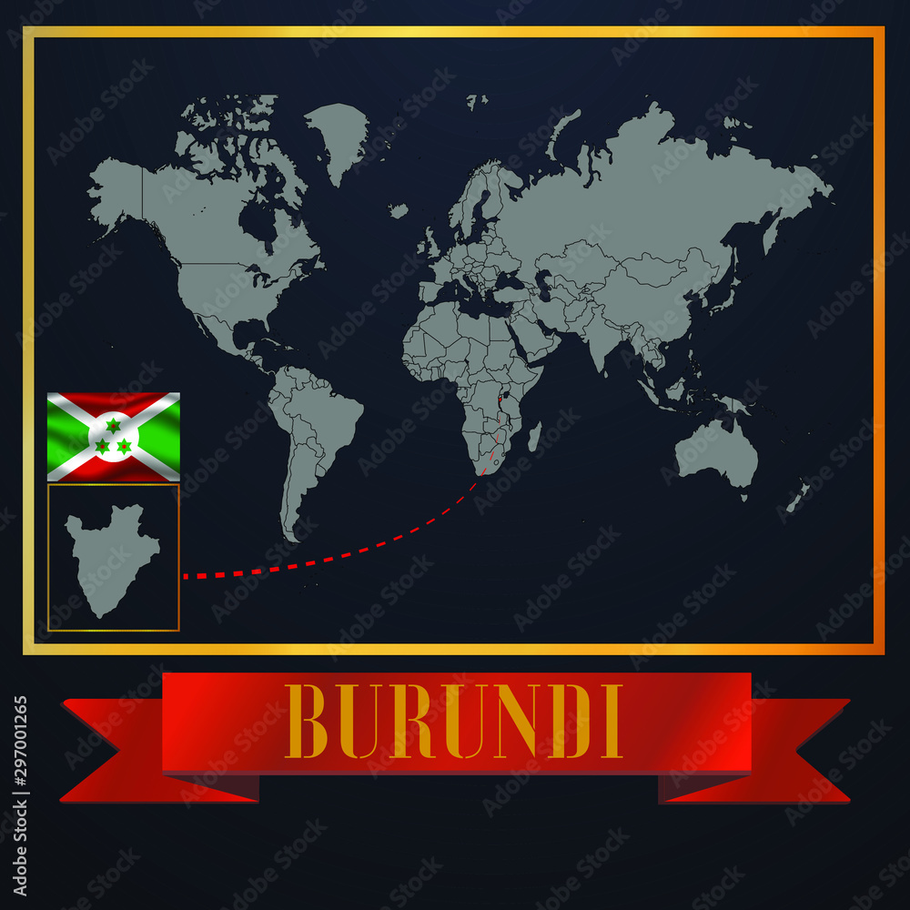 Burundi solid country outline silhouette, realistic globe world map ...