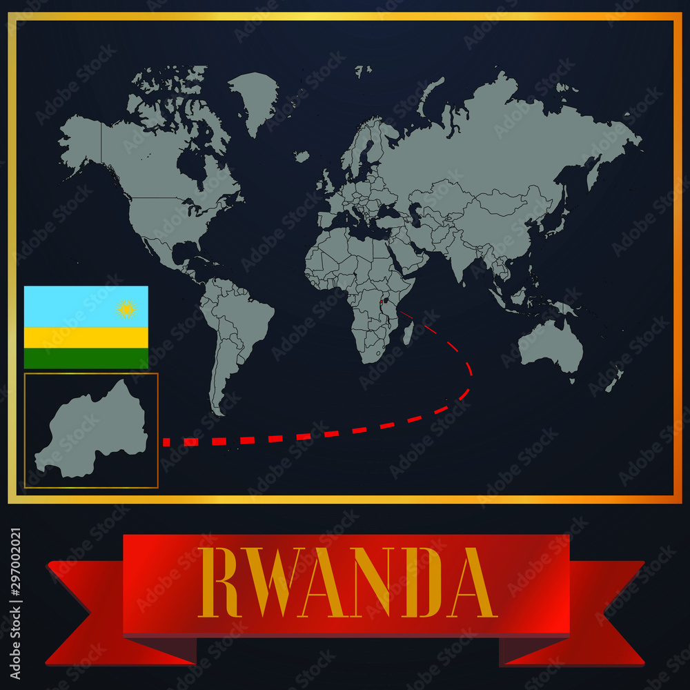 Rwanda solid country outline silhouette, realistic globe world map ...