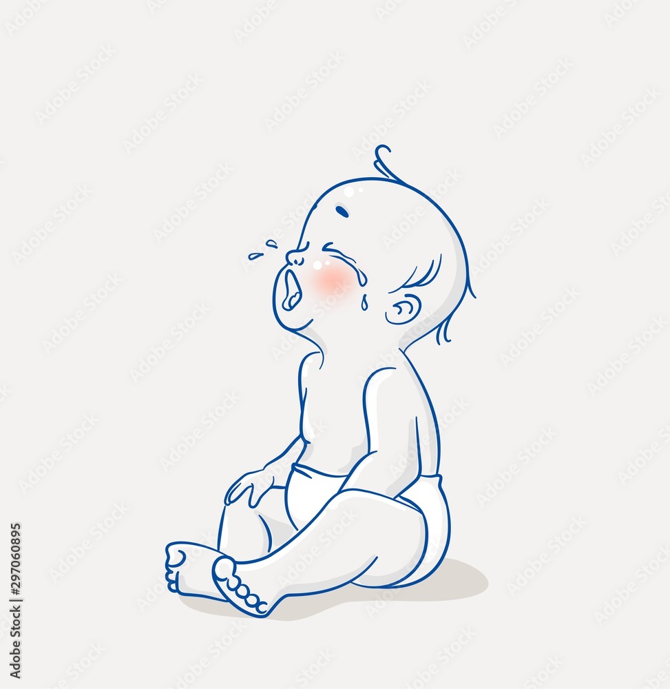 Cute little baby sitting on floor and crying. Vector cartoon ...
