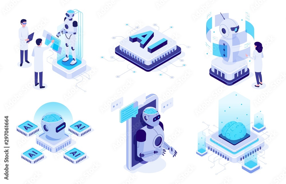 Isometric artificial intelligence. Digital brain neural network, AI ...