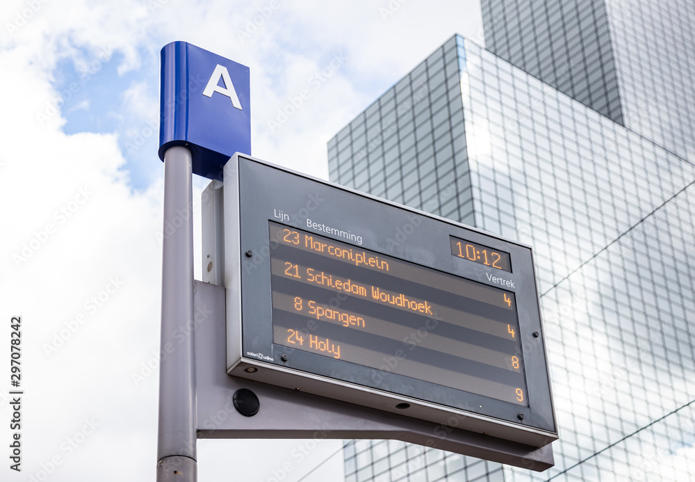 Electronic timetable sign at public transport stop at Rotterdam ...