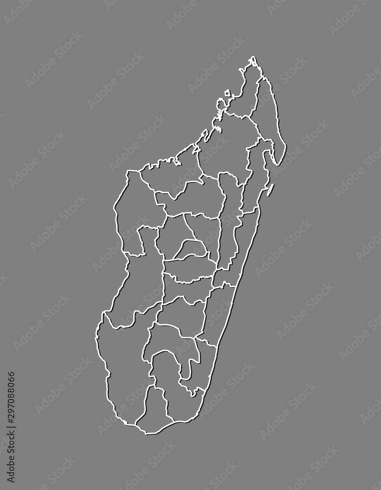 Madagascar vector map with border lines of regions using gray color on ...