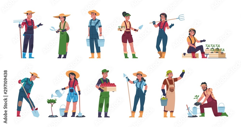 Agricultural workers. Cartoon farmers and harvesting characters, hand ...